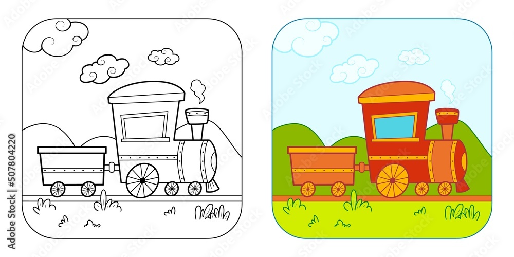 Coloring book or Coloring page for kids. Train vector clipart. Nature ...