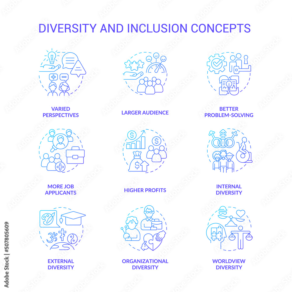 Vektorová grafika „Diversity and inclusion blue gradient concept icons ...