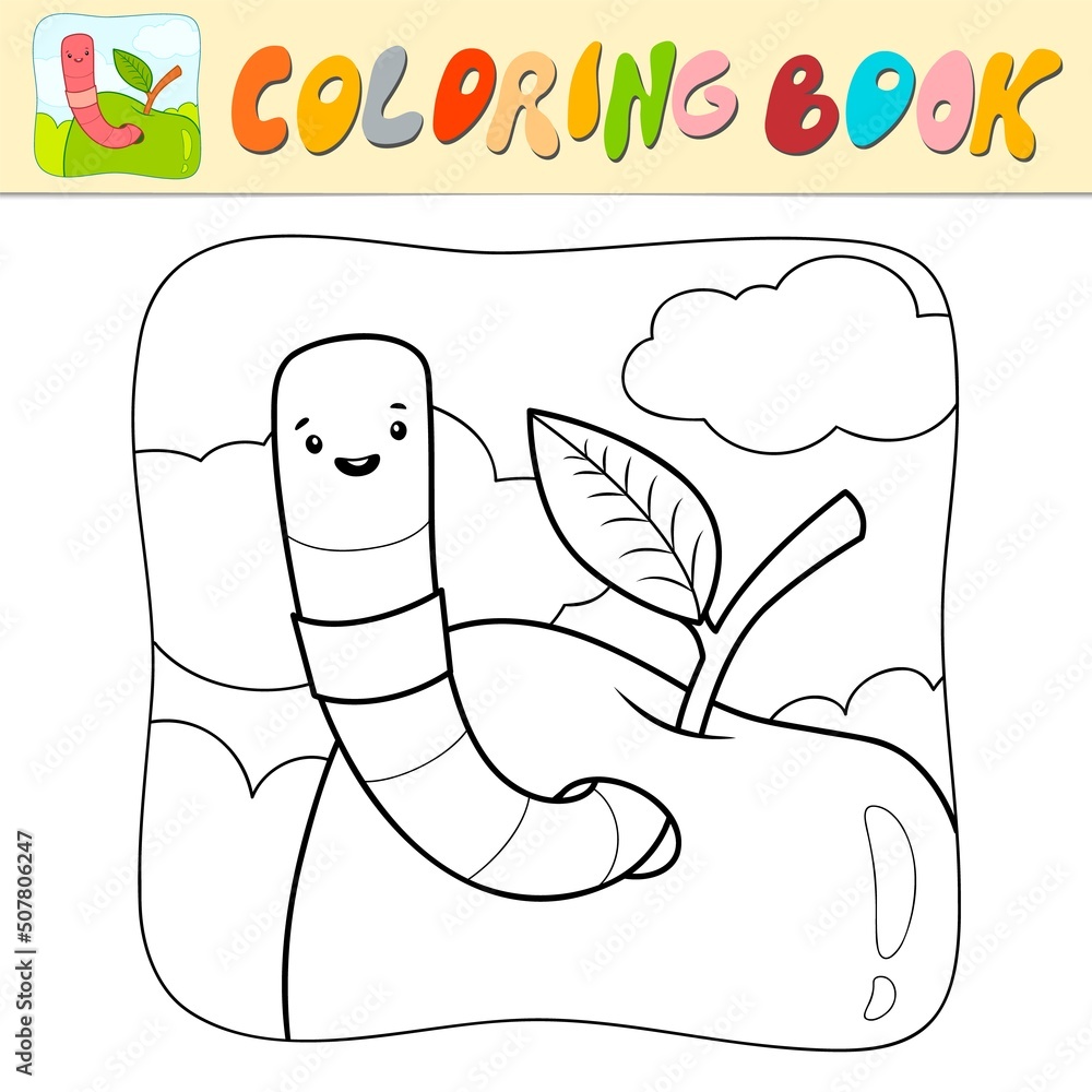 Coloring book or Coloring page for kids. Worm black and white vector ...