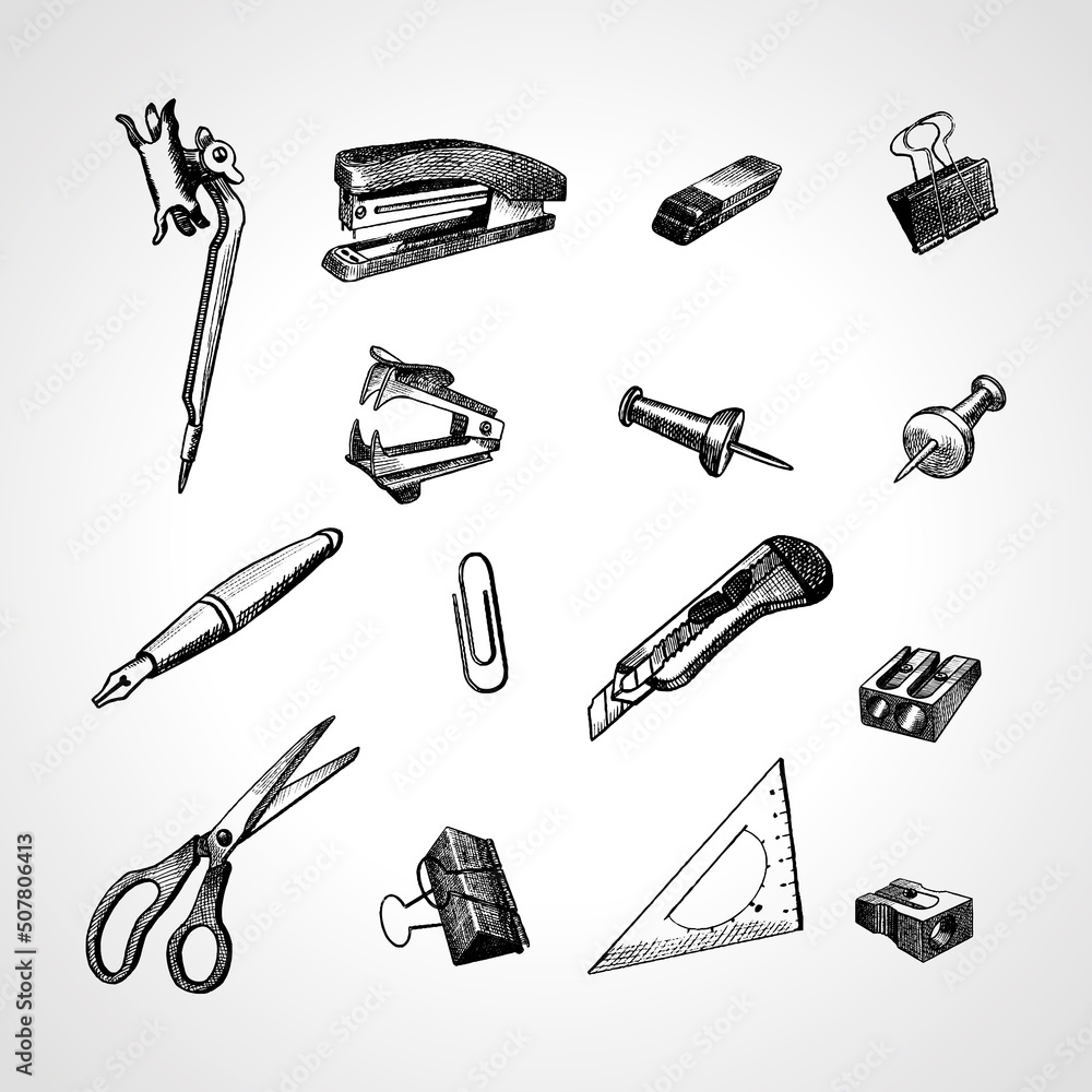 Vetor de Office supplies. Set of office hand drawn doodle icons set ...