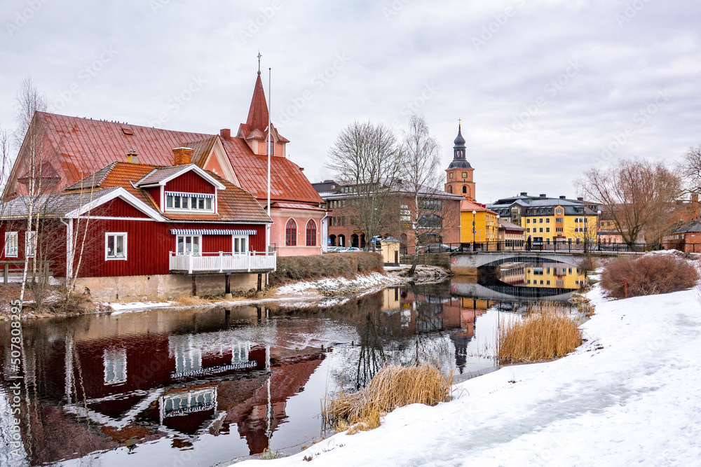 Old tow of Falun with traditional, picturesque, red wooden houses in ...