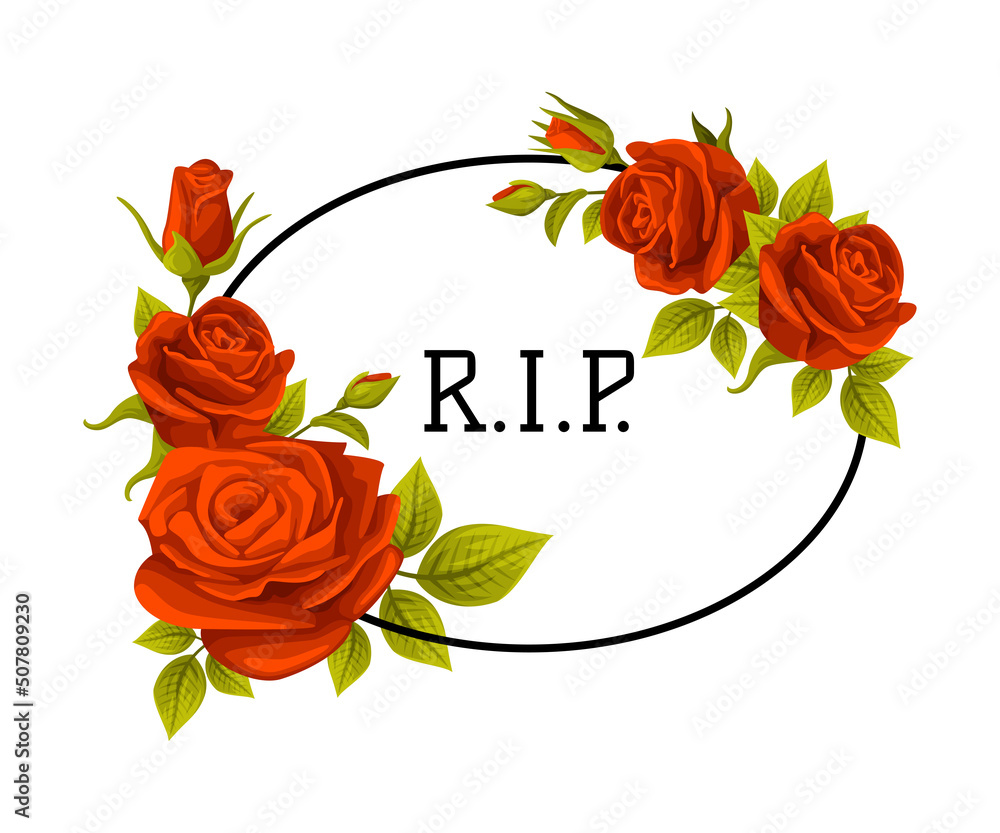 Funeral Red Rose Frame with Rest in Peace Quote and Inscription Vector ...