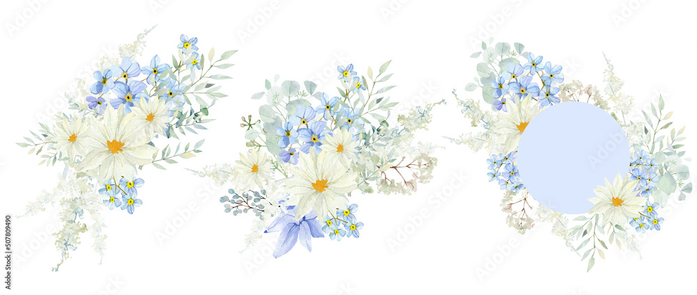 Watercolor floral boho bouquet and frames invitation, delicate leaves ...