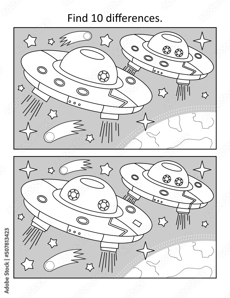 Two UFOs in Earth orbit. Find 10 differences picture puzzle and ...