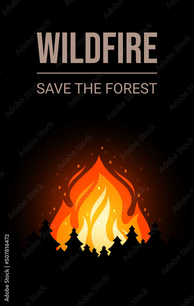 Save the forest internet banner or poster with fire and silhouettes of ...