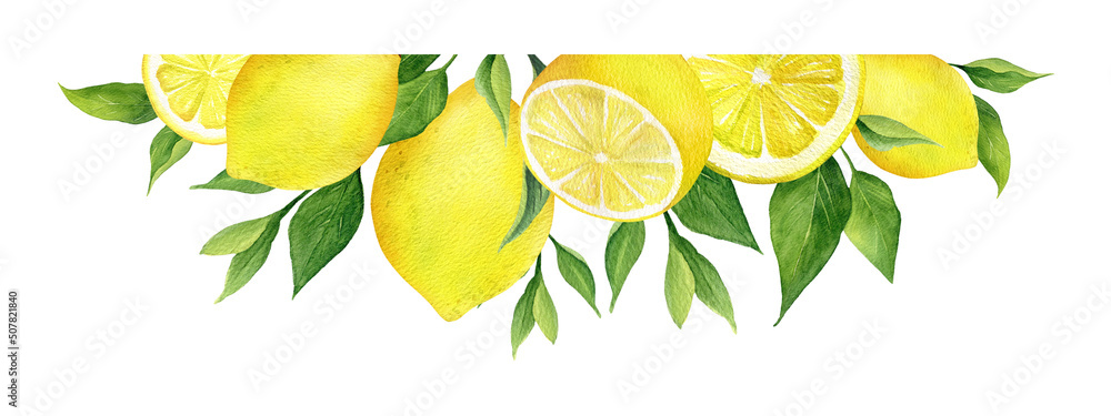 Watercolor lemon border. Yellow tropical fruits and leaves composition ...