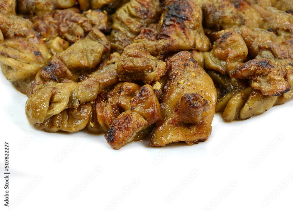 Grilled pork intestines. Normally eat with spicy sauce. Traditional and ...