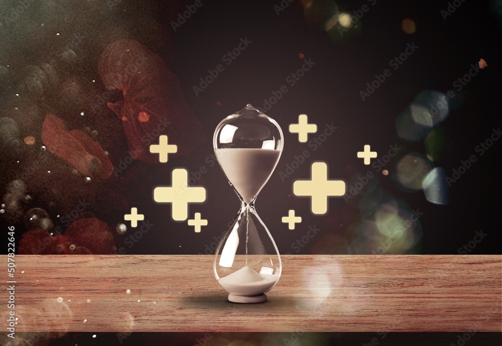 Golden glass hour with the positive icon, abstract meaning of time of ...