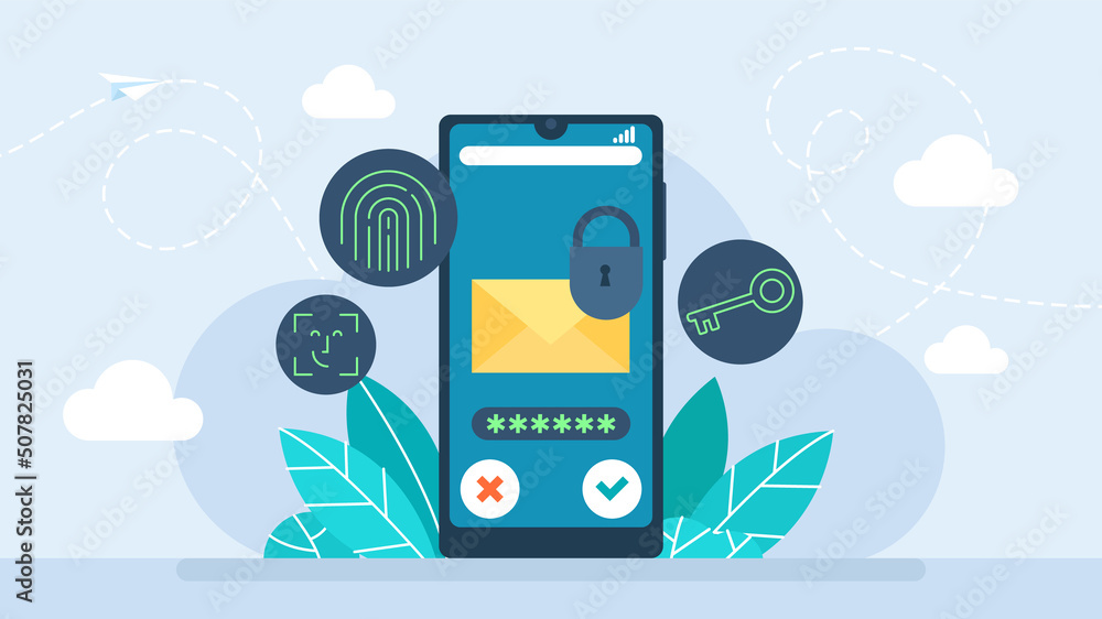 Data protection. Cartoon flat mobile with a lock on screen, internet ...