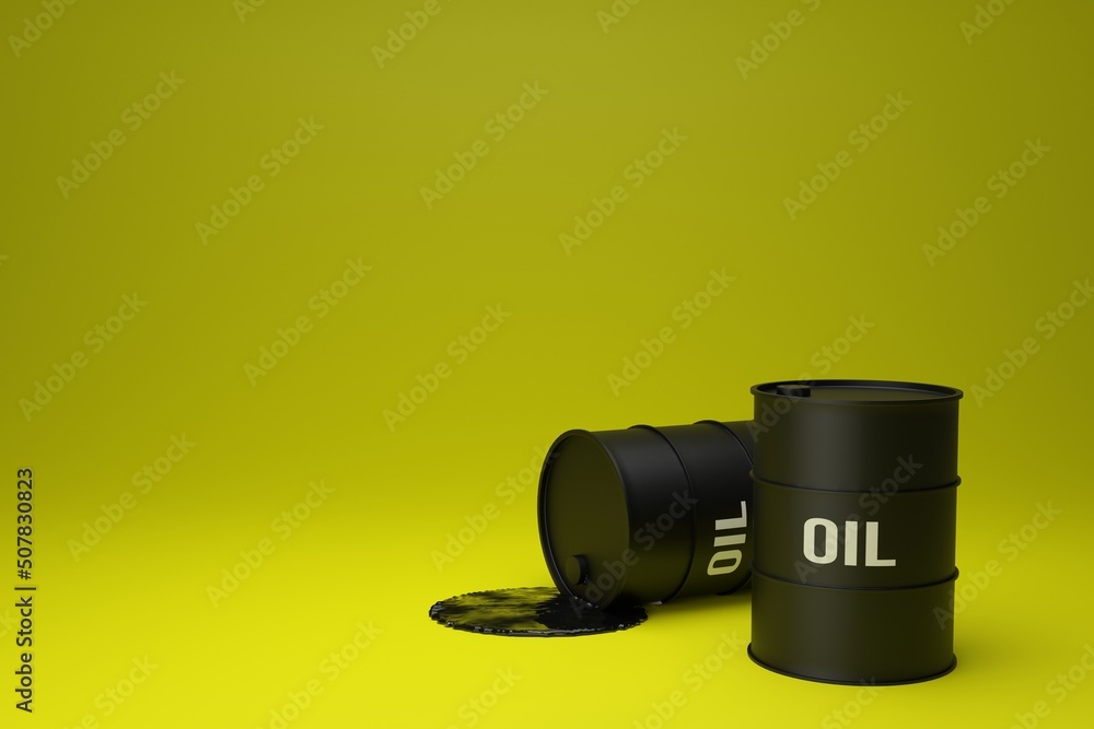 two black barrels of petroleum on yellow background. small puddle of ...