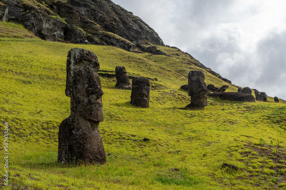 Moai statues at Rano Raraku Volcano at Easter Island, Chile Stock Photo ...