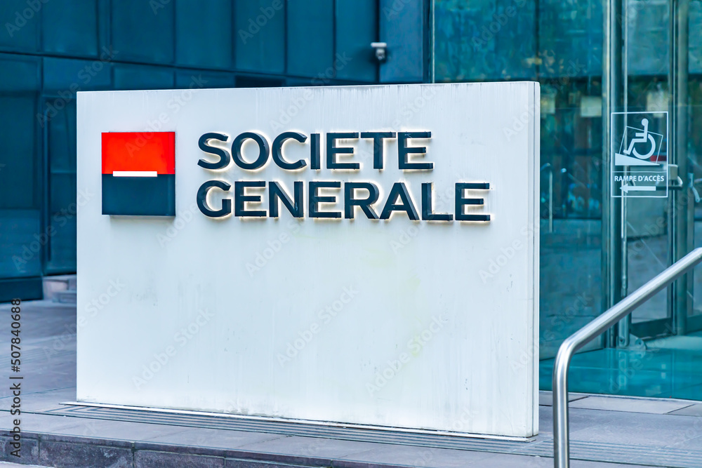 Societe Generale logo at the entrance of the headquarters tower in La ...