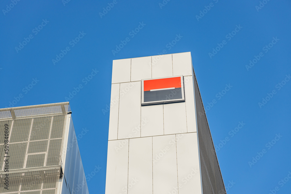 Societe Generale logo on the headquarters tower in La Defense business ...