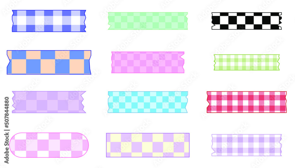 collection set of cute checkered, gingham pattern banners, masking tape ...