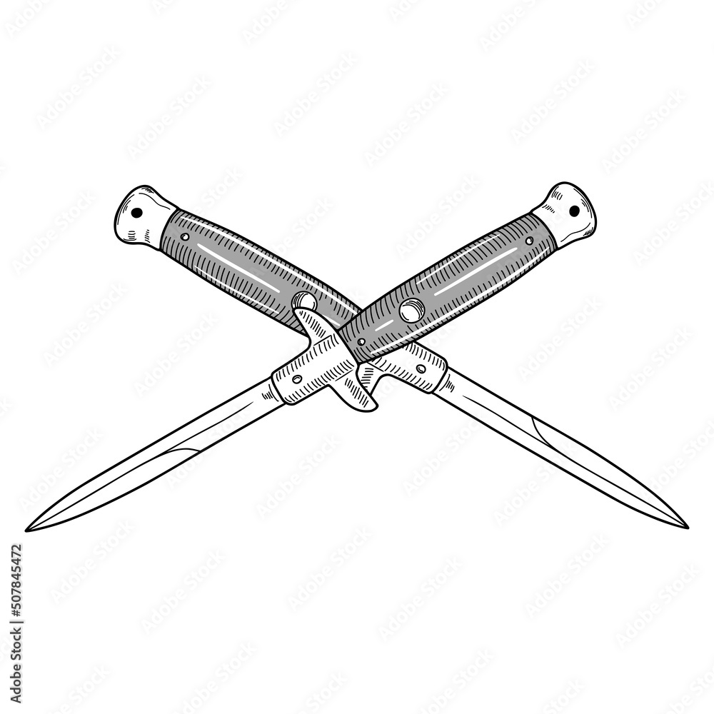 Vector drawing of crossed gangster knives. Doodle style hand drawn ...