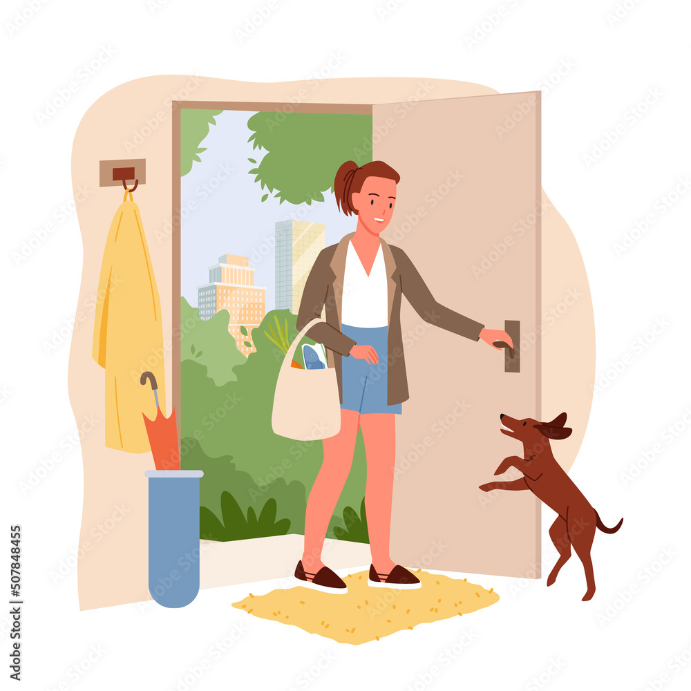 Woman returned home from work. Waiting happy dog pet, homecoming moment ...