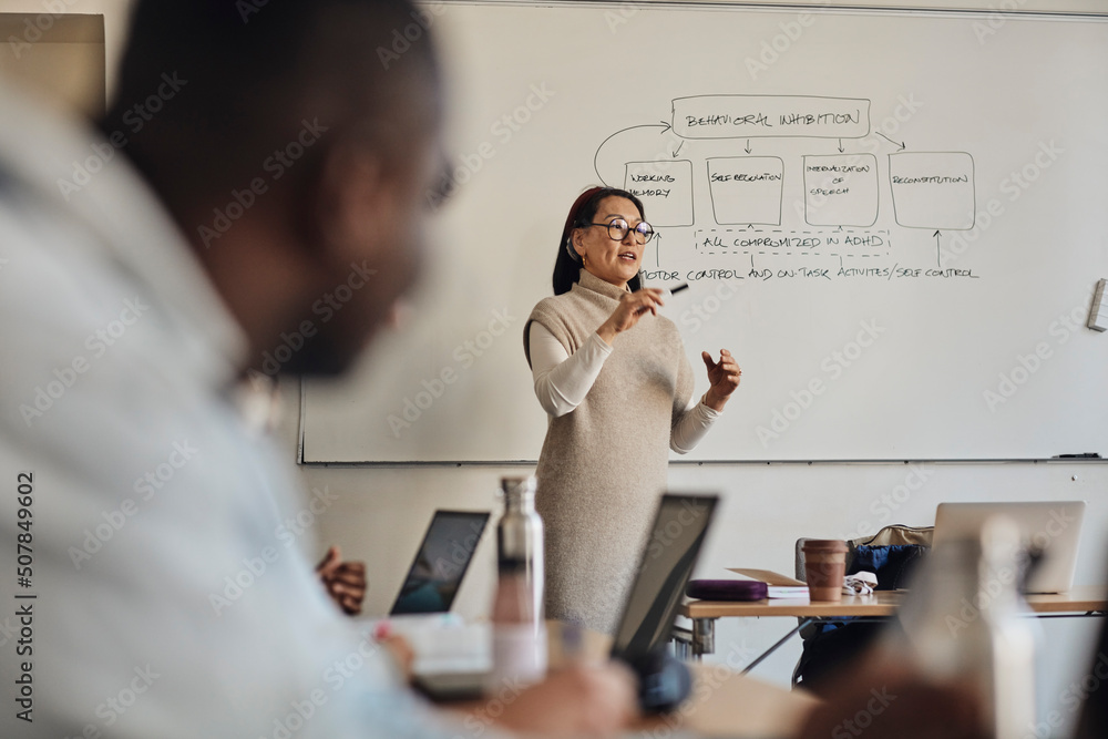 Female teacher gesturing while explaining diagram on whiteboard in ...