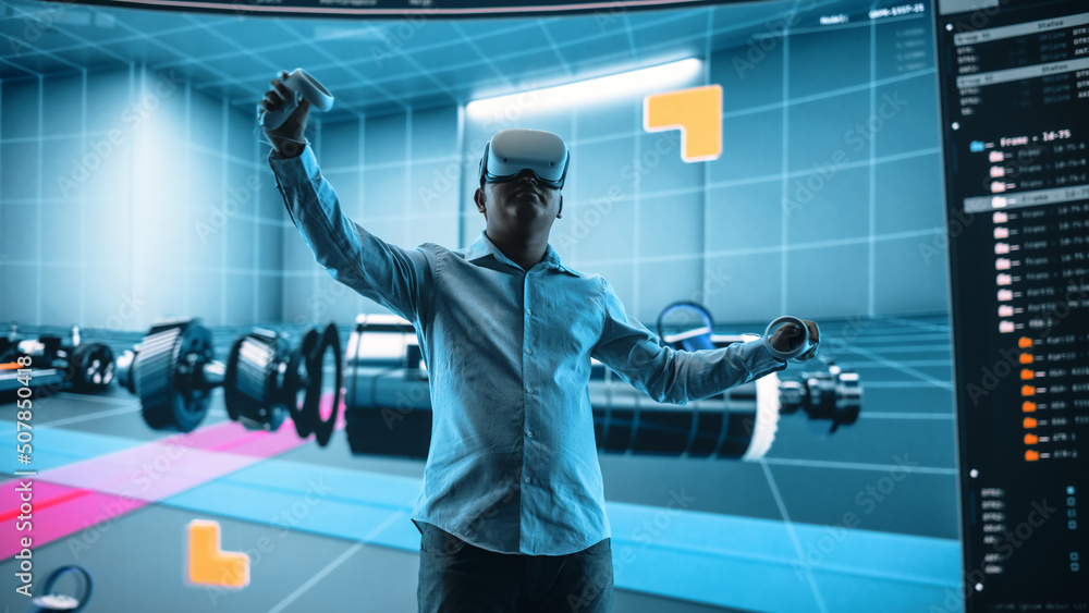 Automotive Engineer Using a VR Software to Showcase Electric Motor and ...