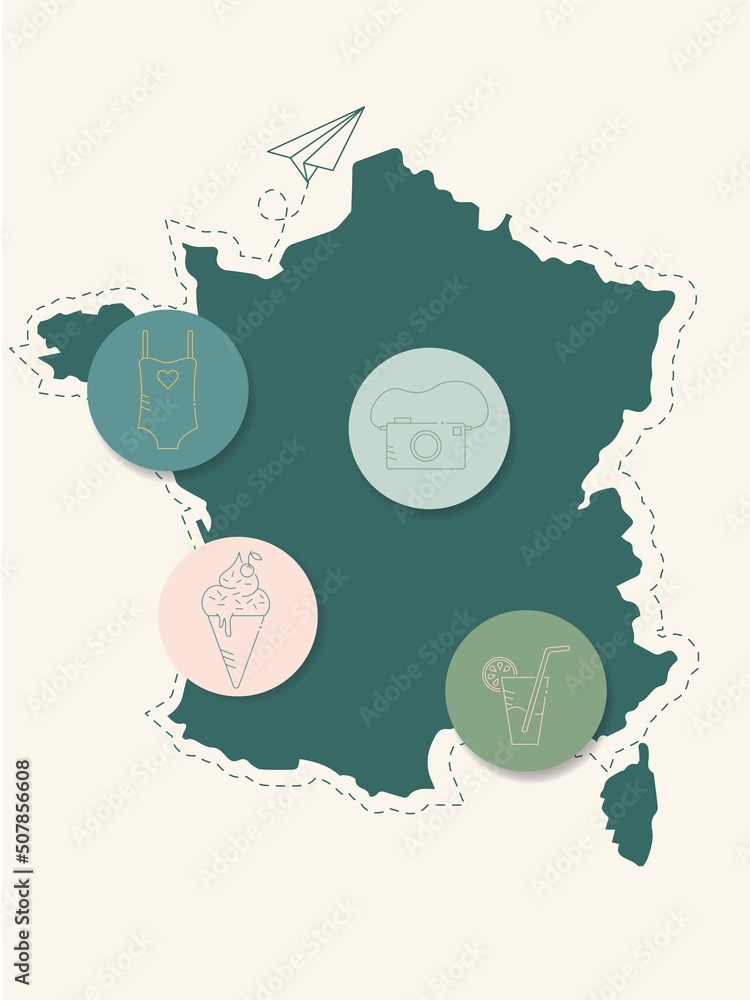 Illustration vectorielle tourisme en France. Carte de la France avec ...