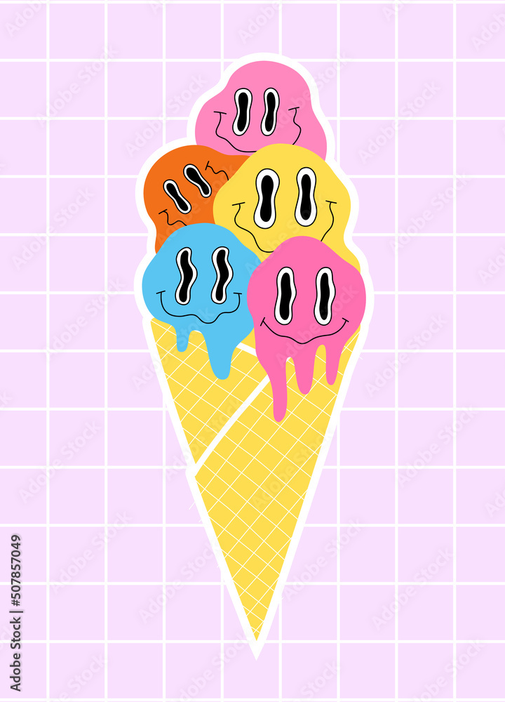 Melted ice cream smiling faces. Trippy isolated vector sticker ...