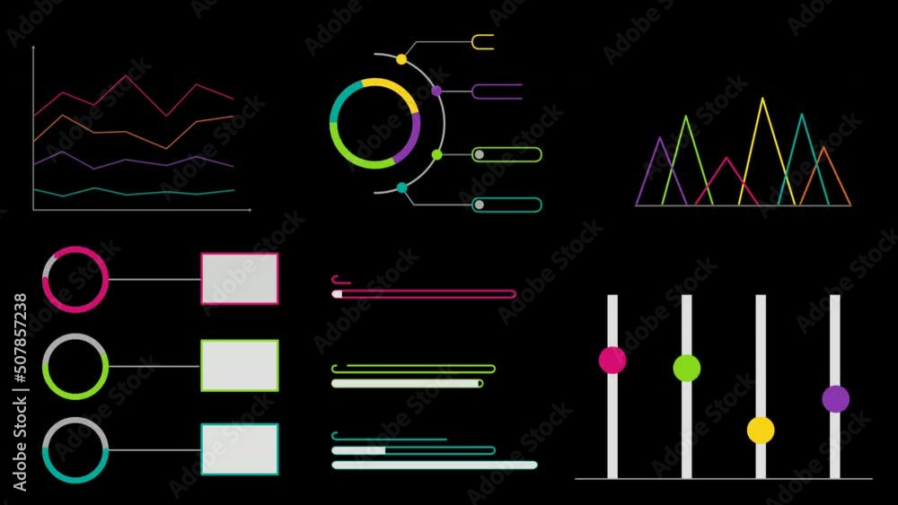 Colourful diagrams, charts and infographics growing on black background ...