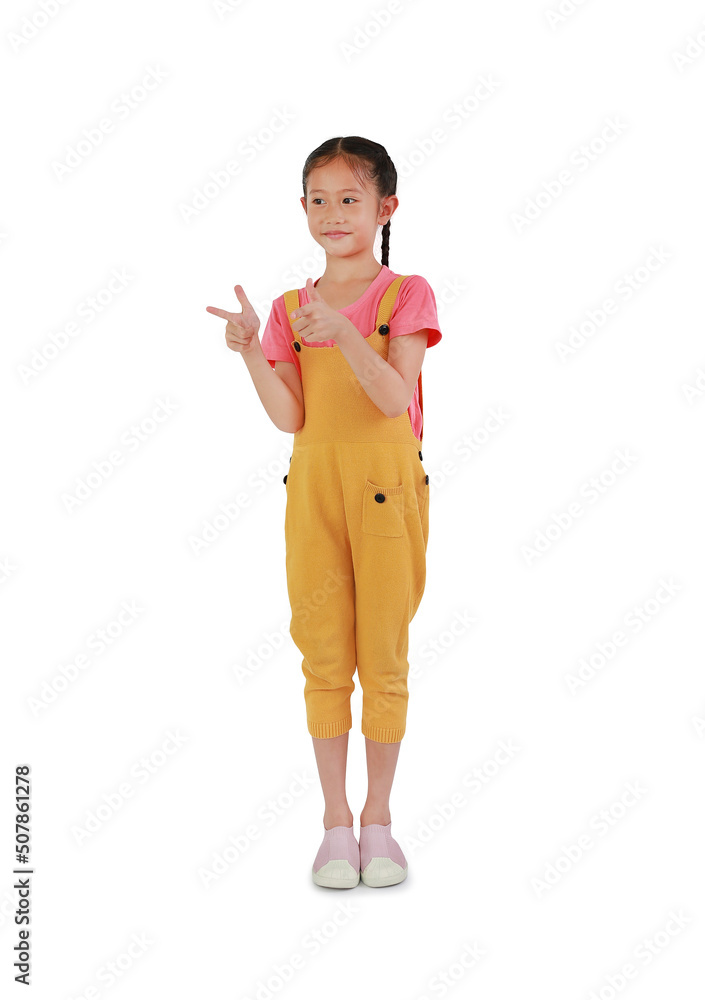 Asian little girl kid gesture finger pointing and look at beside ...