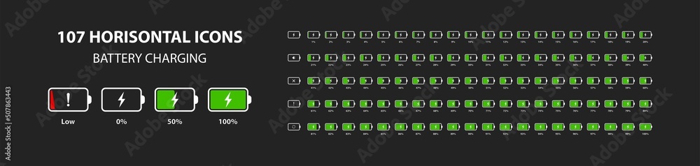 Set of white horizontal battery level indicators in percentage vector ...