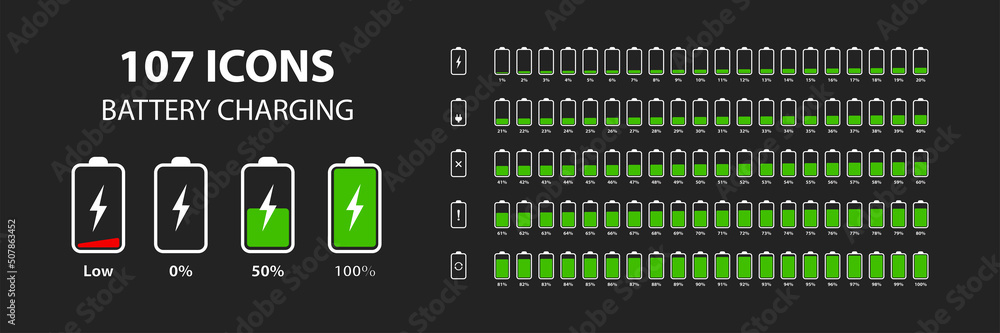 Set of white vertical battery level indicators in percentage vector ...