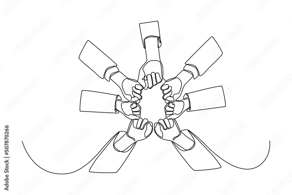 One single line drawing. Hands of team worker making circle with ...