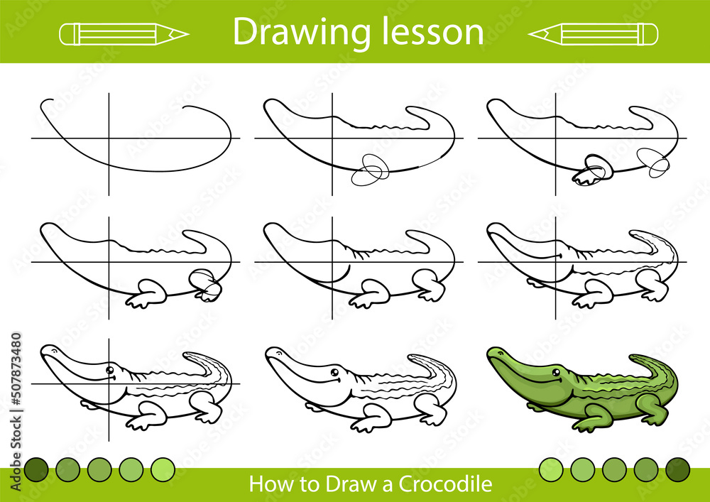 Drawing tutorial. How to draw a crocodile. Educations worksheet and ...