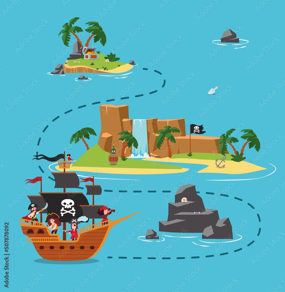 Vector treasure island map with uninhabited isle treasure chest, flat ...
