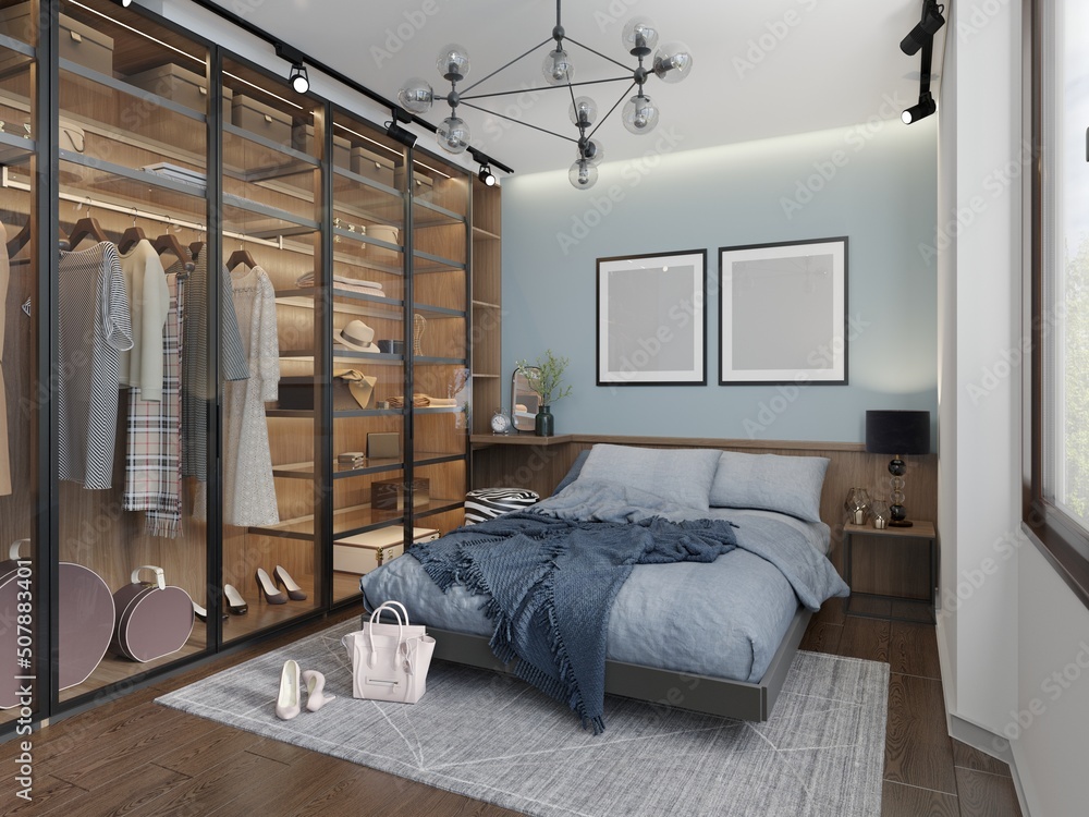 3d illustration. Stylish bedroom for girl with dressing room. Wardrobe ...