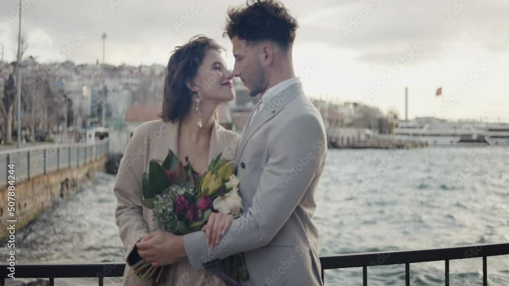 Beautiful wedding photo shoot with two models.Action.A young beautiful ...