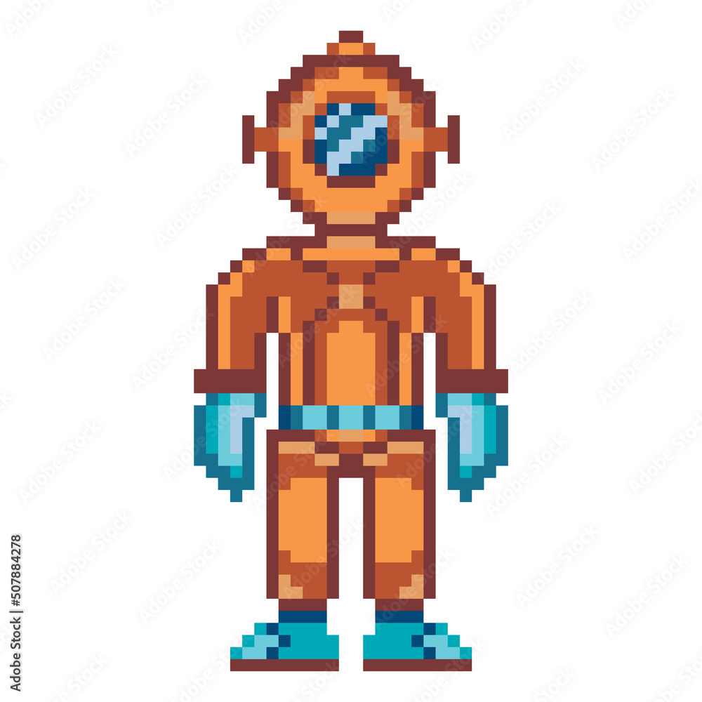 Pixel Art Retro Deep Sea Diver in Aqua Suit Stock Vector | Adobe Stock