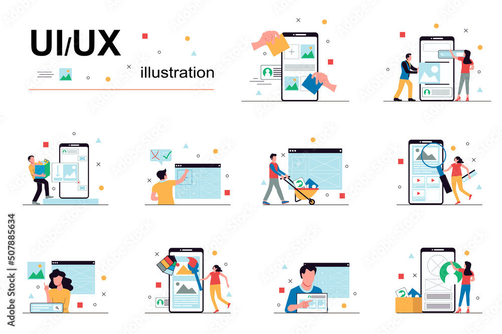 UI UX design and programming concept with people scene set. Men and ...
