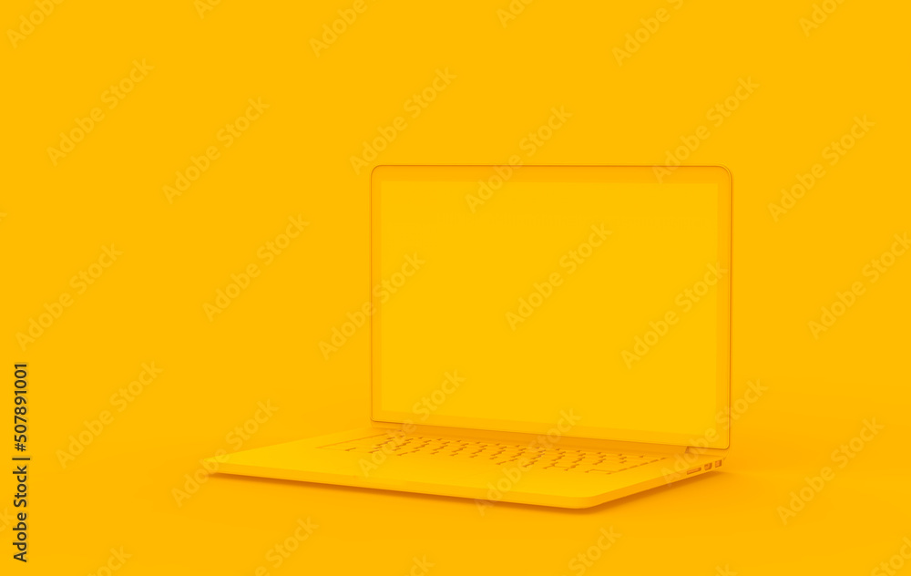 Laptop yellow color on yellow backgrounds. Minimal object computer ...