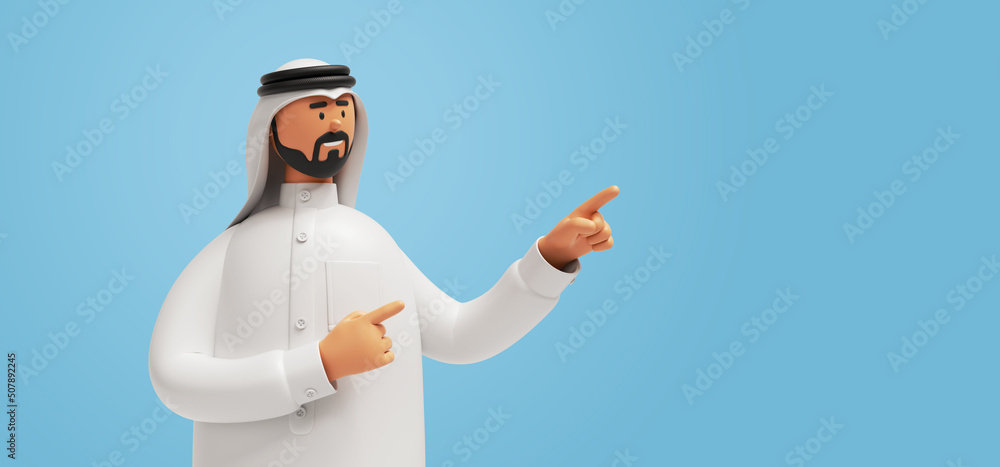 3d render, cartoon character arab man with beard wears traditional ...