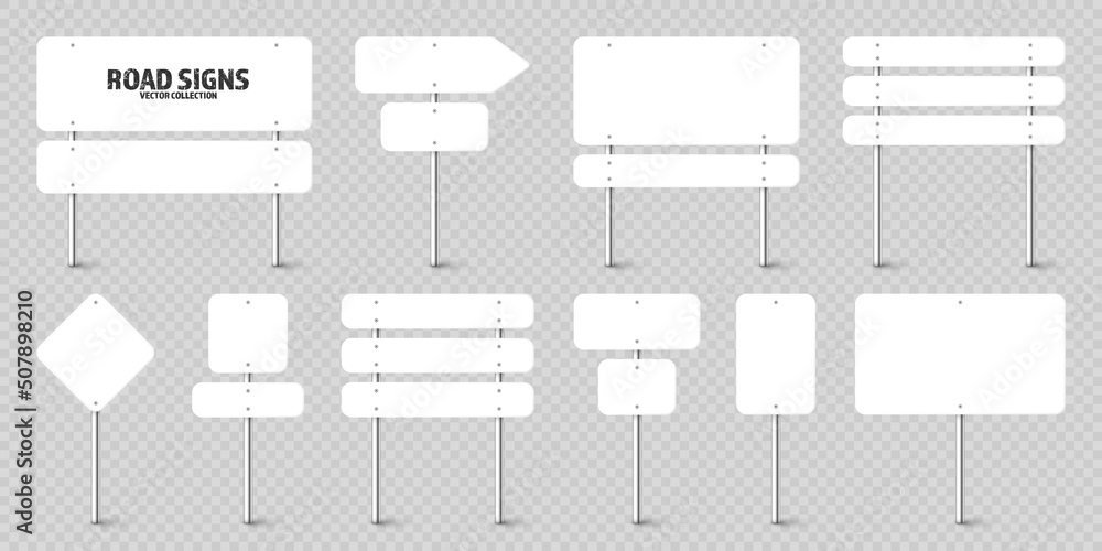 Various road, traffic signs. Highway signboard on a chrome metal pole ...