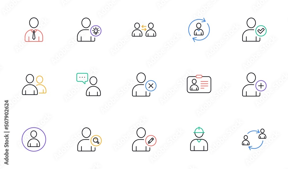 User person line icons. Profile, Group and Support. People linear icon ...