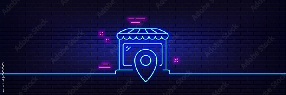 Neon light glow effect. Market location line icon. Wholesale store sign ...