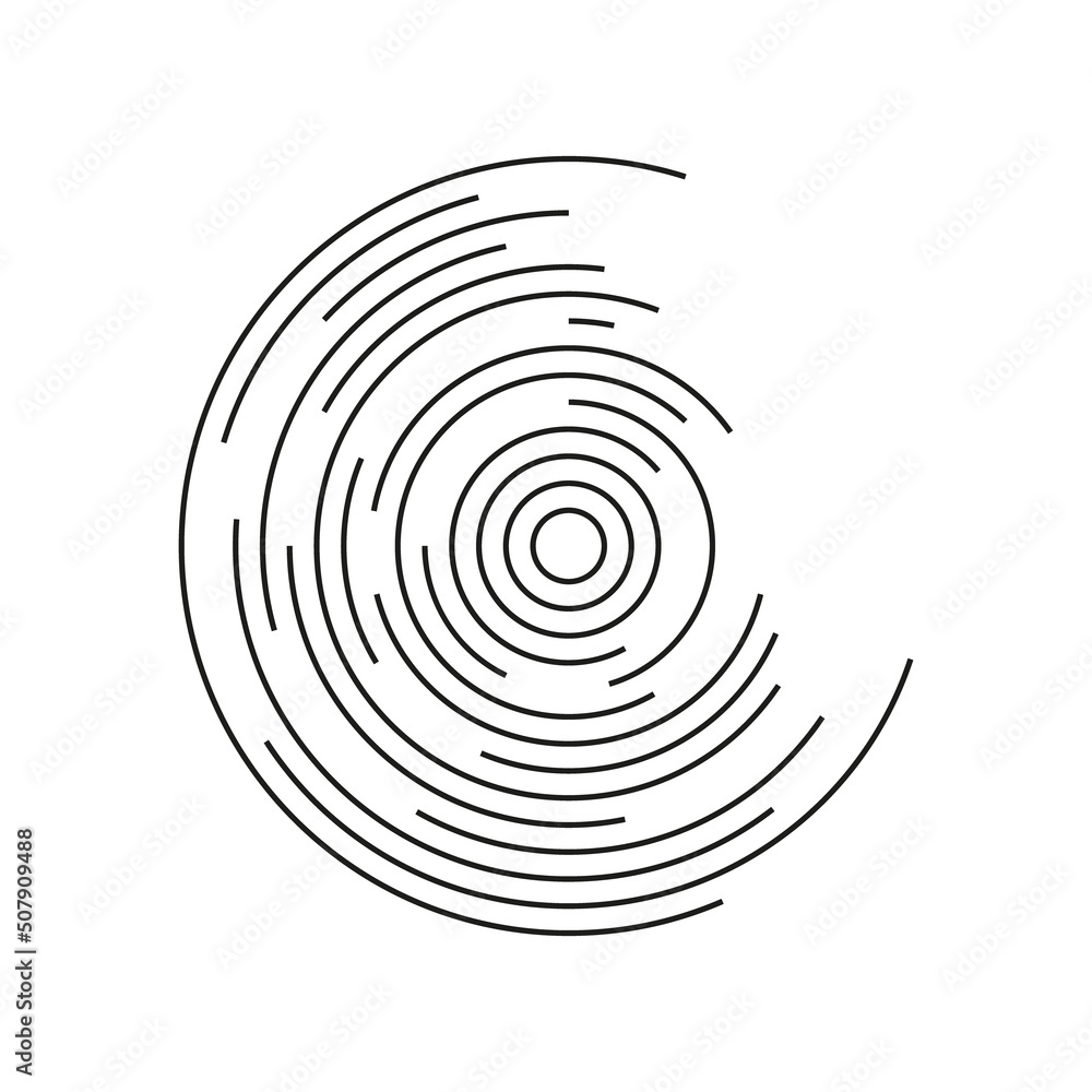 Concentric circle. Concentric line circle. Broken spiral. Round line pattern. Ripple circular ...