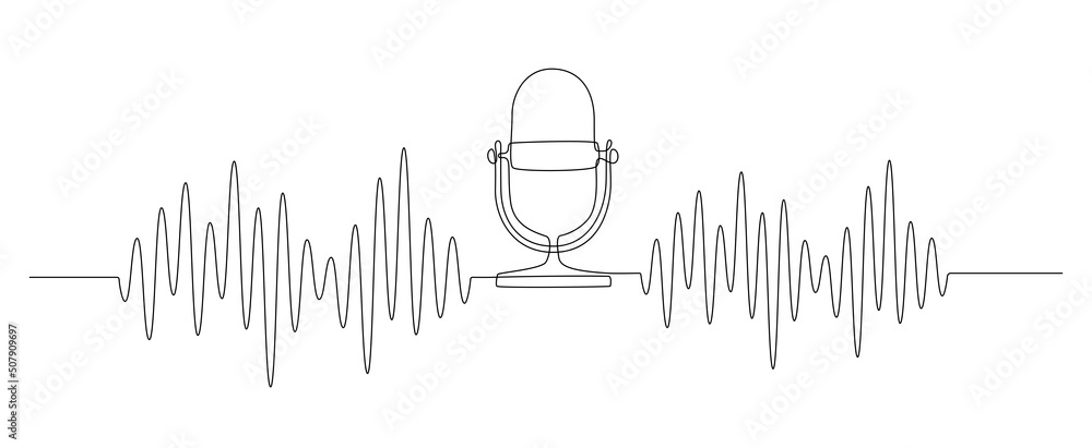 Continuous one line drawing of podcast microphone and sound wave with ...
