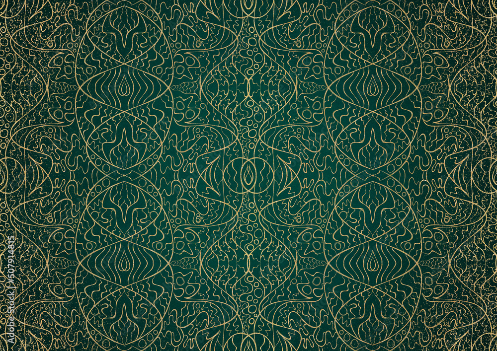 Hand-drawn unique abstract gold ornament on a dark green cold ...
