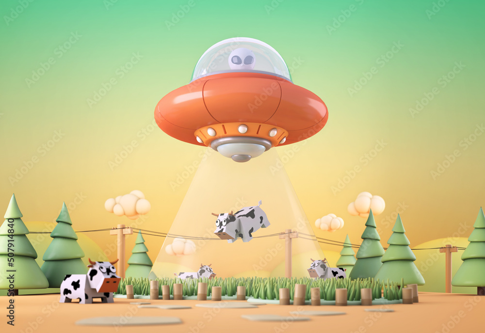 UFO flying with alien and abduct a cow.3d rendering Stock Illustration ...