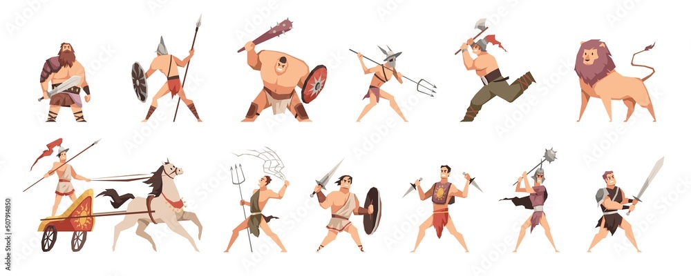 Ancient roman gladiators. Different weapons fighters, cartoon strong ...