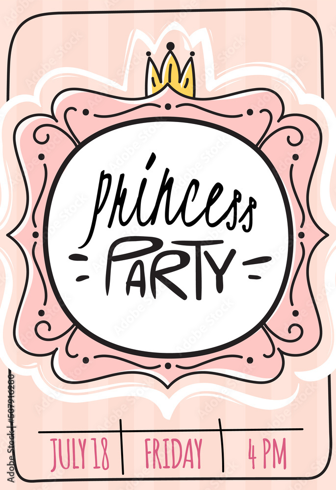 Princess card. Party invitation. Girls birthday greeting. Holiday kids ...
