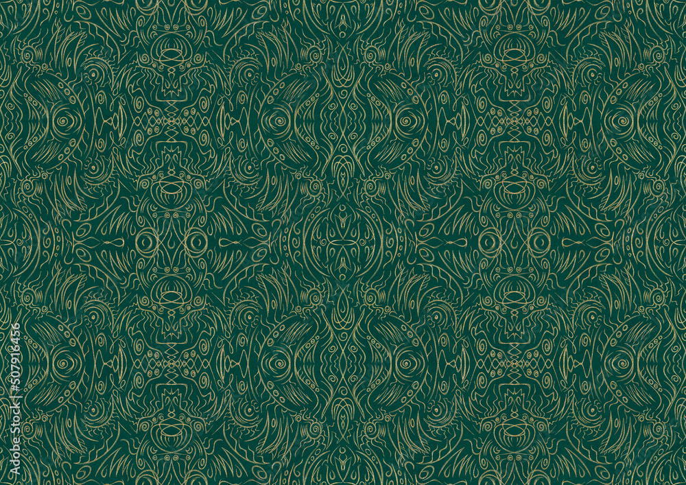 Hand-drawn unique abstract symmetrical seamless gold ornament on a dark ...