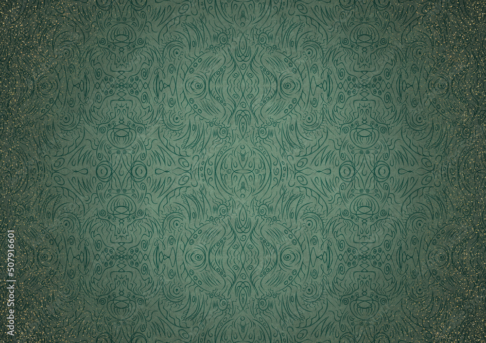 Hand-drawn unique abstract ornament. Dark green on light cold green ...