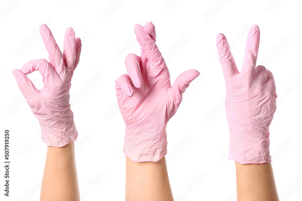 Set of gesturing hands in pink medical gloves isolated on white Stock ...