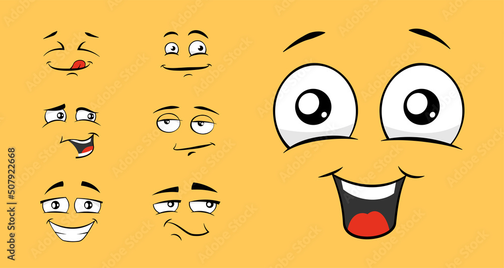 Cartoon funny face set. Big eyes and laughter emotion collection ...